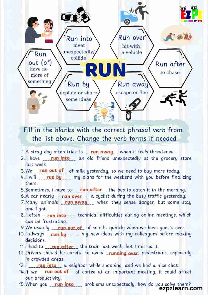 “Run” Phrasal Verbs Worksheet – 15 Sentences | ESL Grammar Practice | Free PDF - Ezpzlearn.com